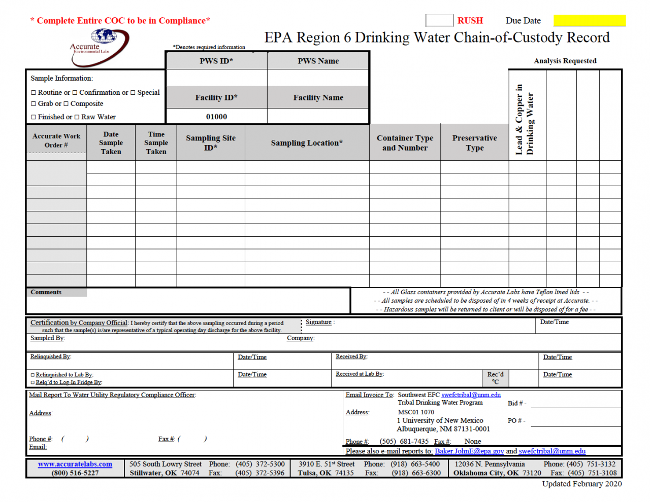 SDWA Accurate Environmental Lead & Copper COC | Southwest EFC